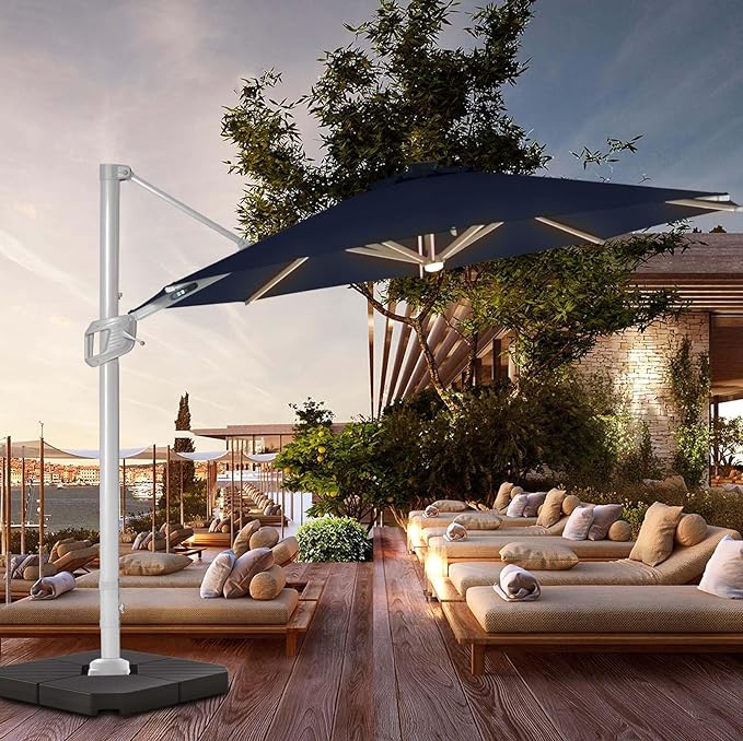 BLUU 12 FT Solar Cantilever Umbrella LED Aluminum Offset Umbrella with