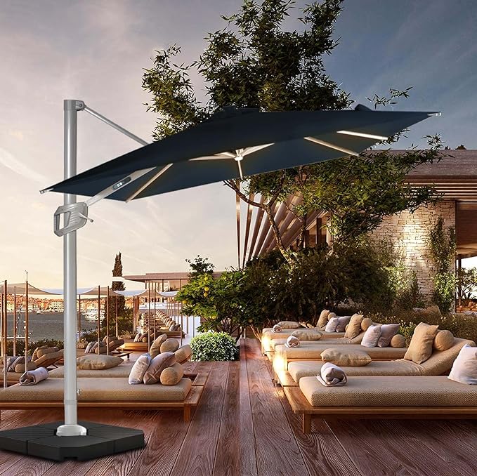 BLUU 10FT Square Solar Cantilever Umbrella LED Aluminum Offset Umbrell